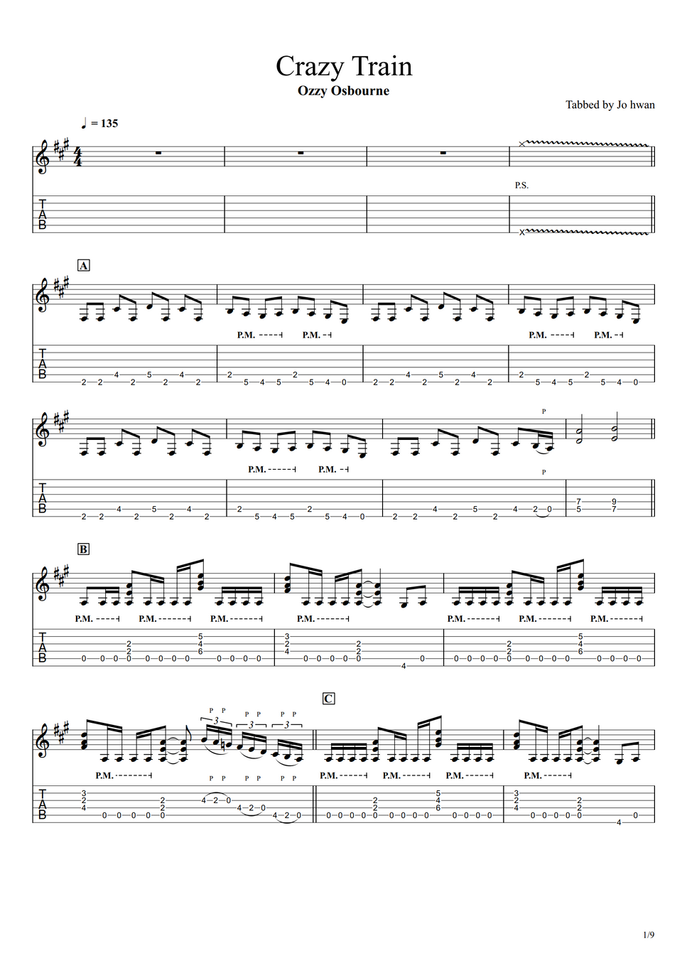 Ozzy Osbourne - Crazy Train by Jo Hwan Tab + 1staff Sheet