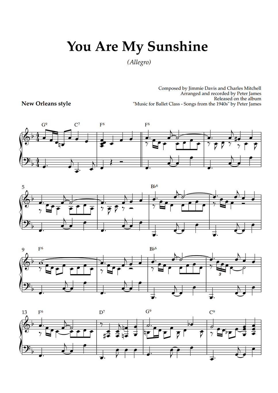 Jimmie Davis, Charles Mitchell - You Are My Sunshine by Peter James نوتة