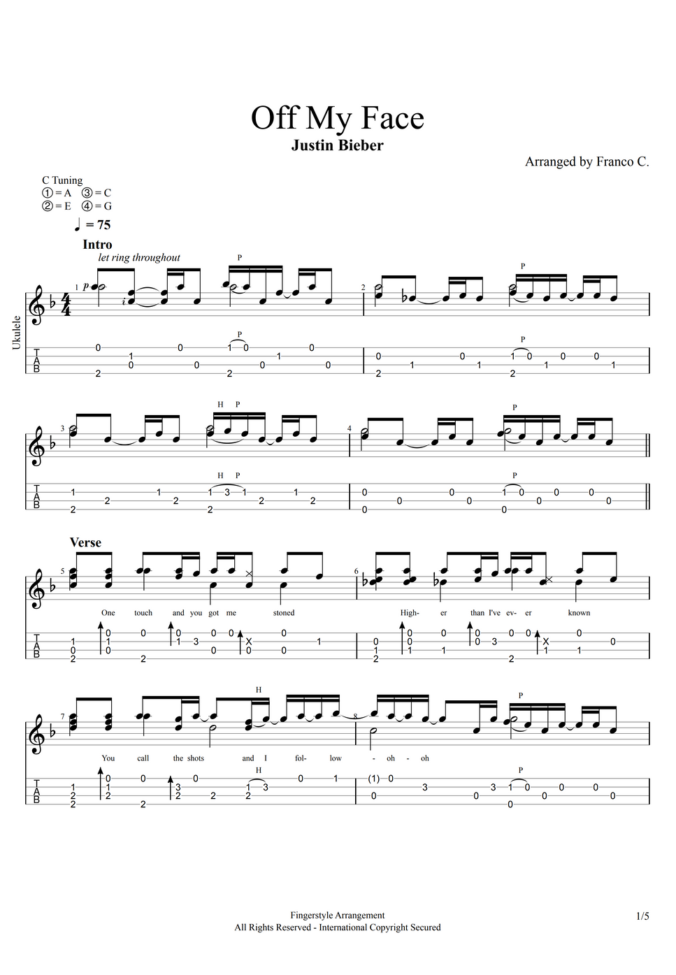 Justin Bieber - Off My Face (Ukulele fingerstyle) Tab + 1staff by Franco C