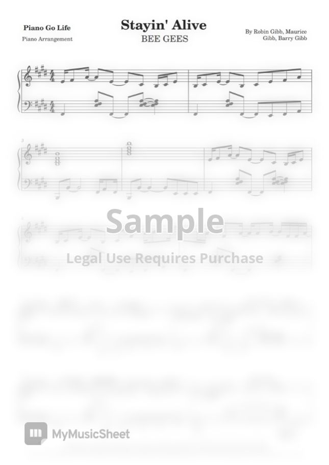 Bee Gees - Stayin' Alive by Piano Go Life Sheet Music