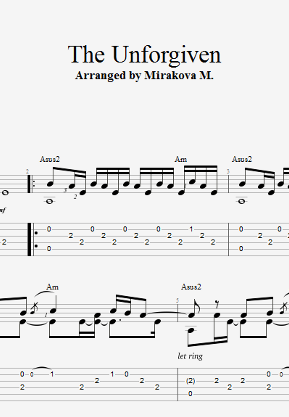 Metallica - The Unforgiven by Mirakova Marina 樂譜 + 單線譜 樂譜