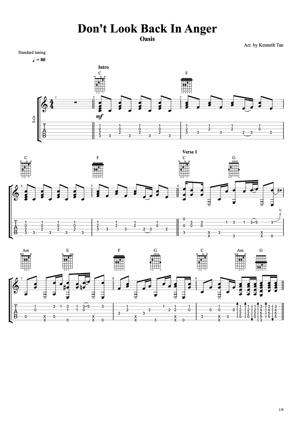 Oasis | Fingerstyle Guitar - Don't Look Back In Anger by Kenneth Acoustic Sheet