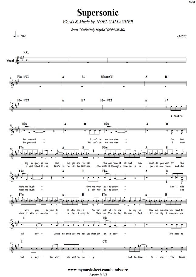 Oasis - Supersonic | Vocal Sheet Music
