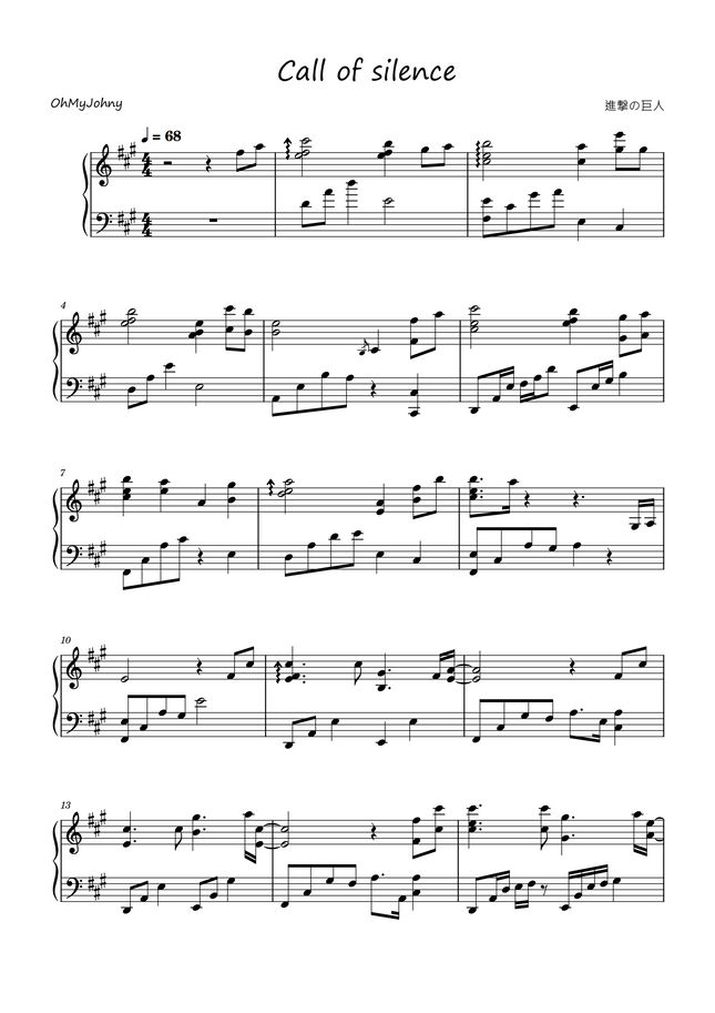 Attack On Titan OST - Call of Silence (Piano) by OhMyJohny Sheet Music