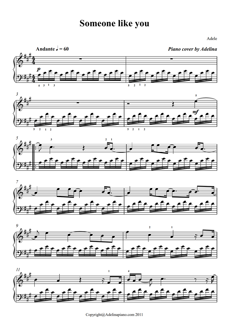 Adele - Someone Like You by Adelina Piano Partition musicale