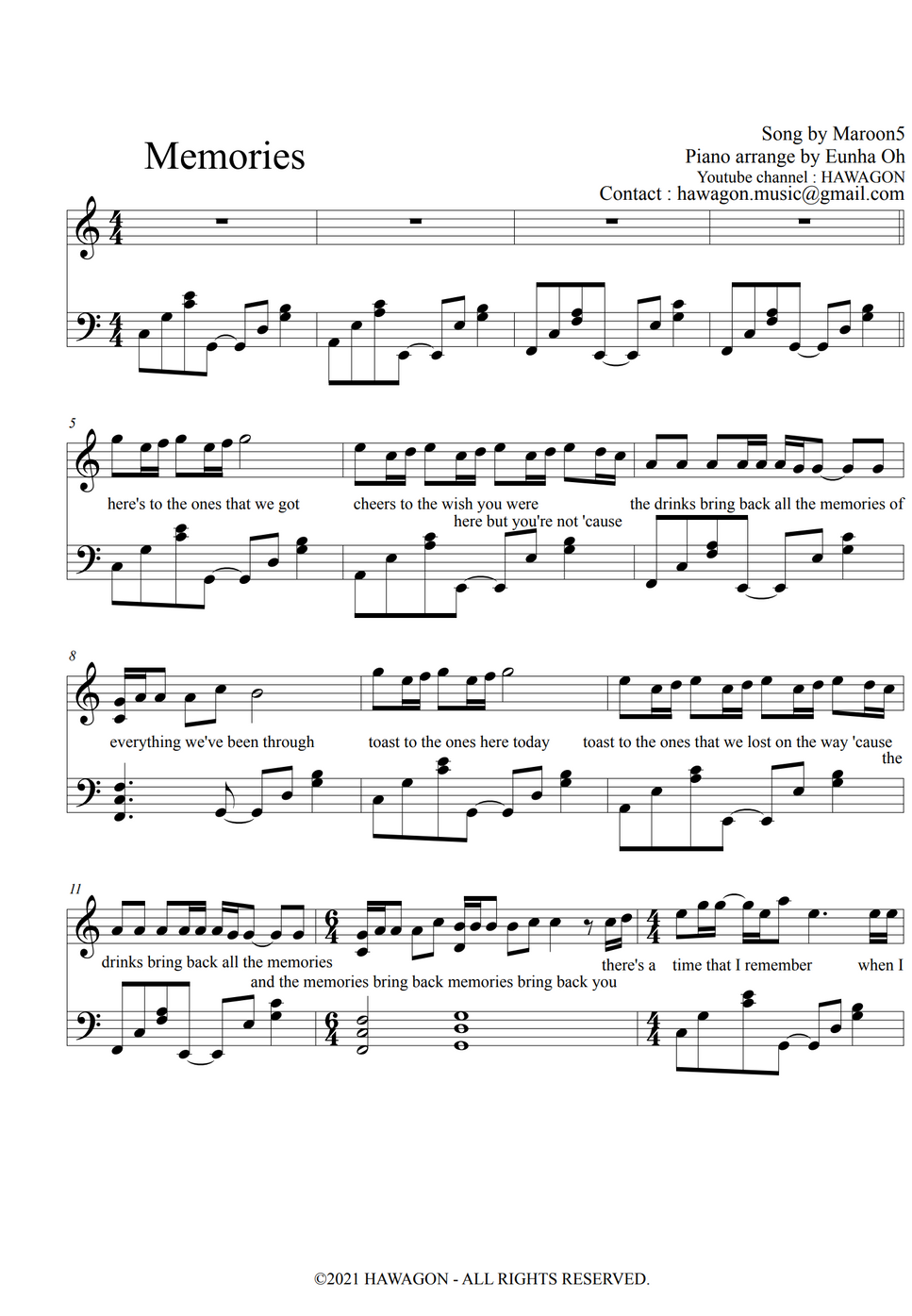 Maroon5 - Memories (easy piano) by HAWAGON Sheet