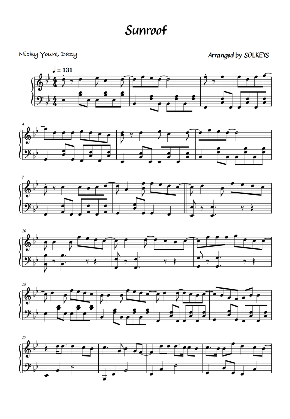 Nicky Youre, dazy - Sunroof by SolKeys Lembar Musik