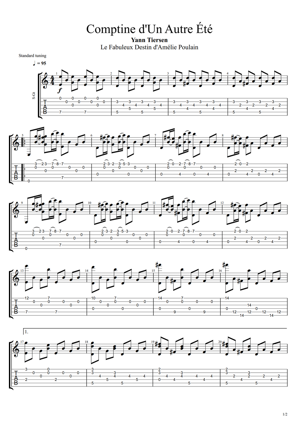 Yann Tiersen Comptine D Un Autre été Tab By Nico Music