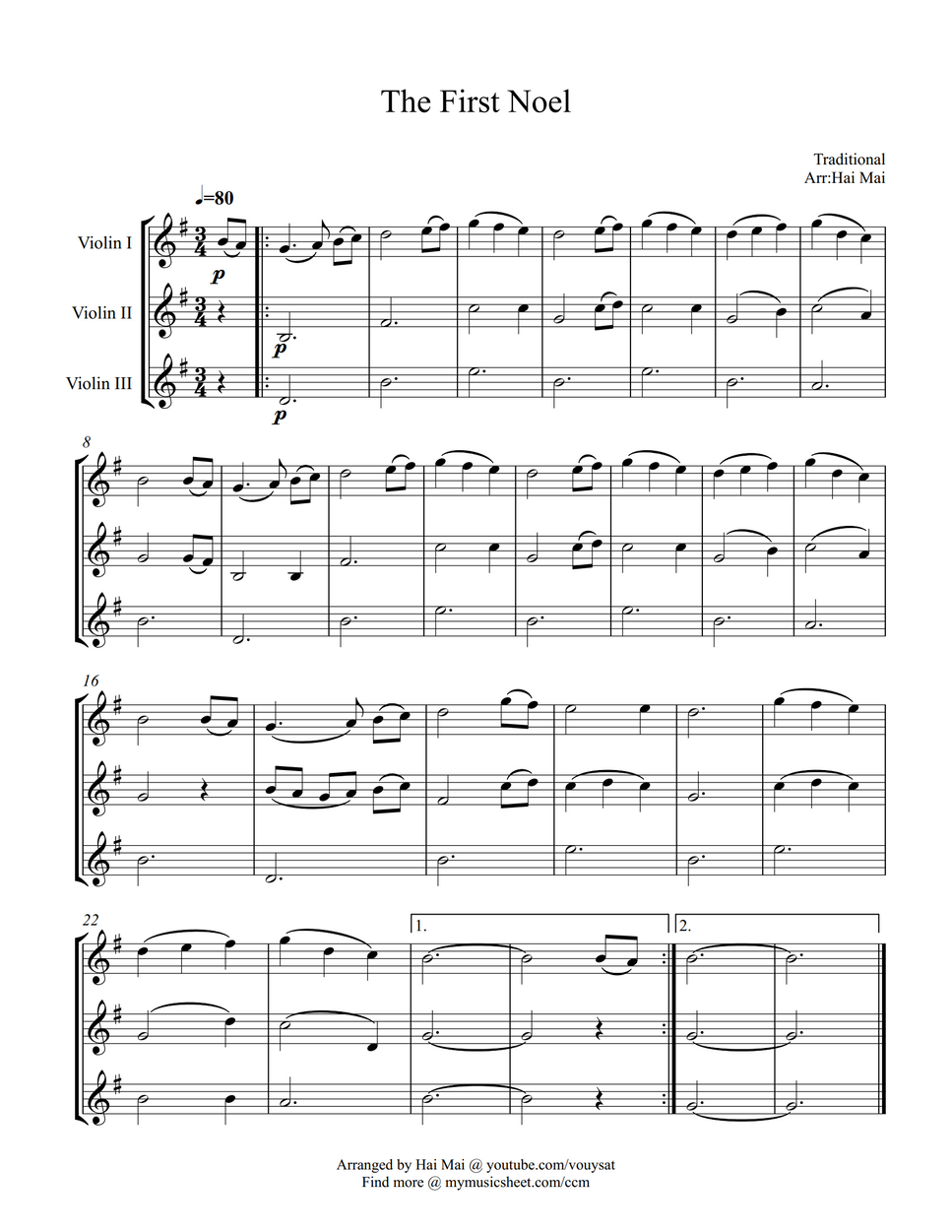 Traditional - The First Noel - For 3 parts Violin Ensemble by Hai Mai Nuty