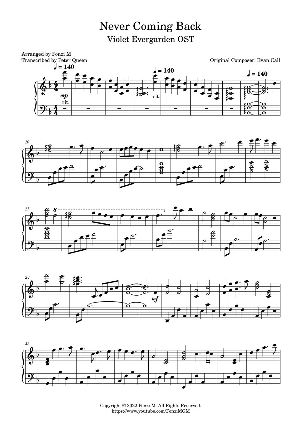 Evan Call - Violet Evergarden OST - "Never Coming Back" by Fonzi M Partitura