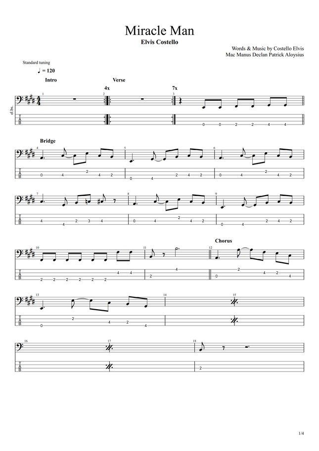 Elvis Costello - Miracle Man by まっきん tab 楽譜