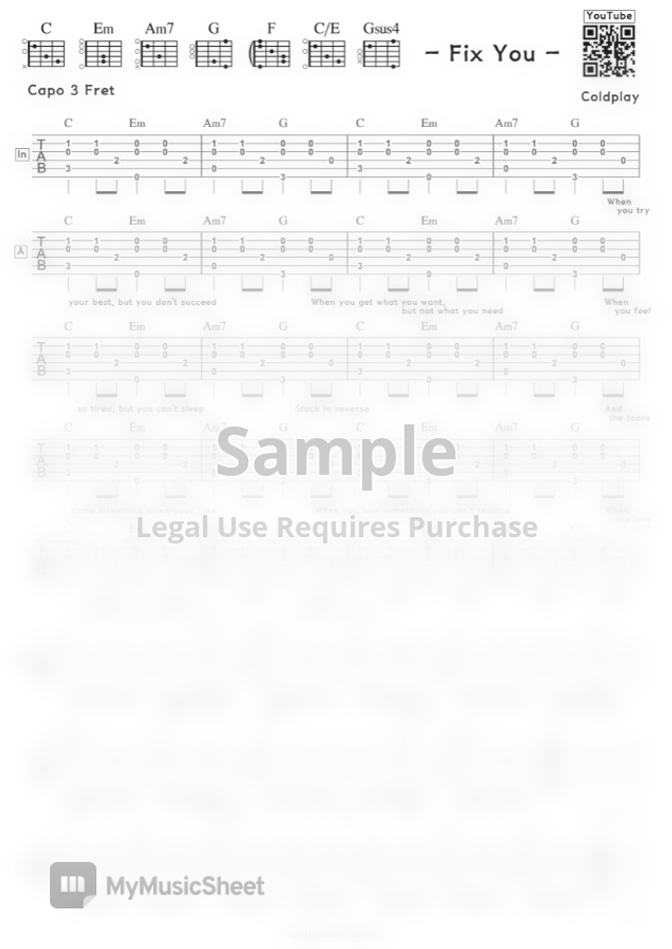 Coldplay - Fix You by Delicious Guitar Tab + lembaran musik pertama Lembar Musik