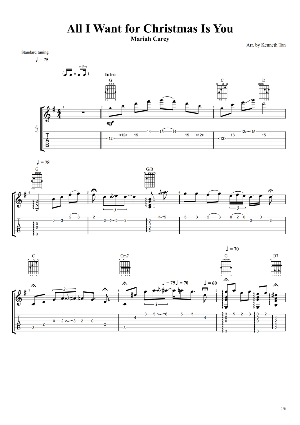 Mariah Carey | Fingerstyle Guitar - All I Want for Christmas Is You by Kenneth Acoustic Sheet