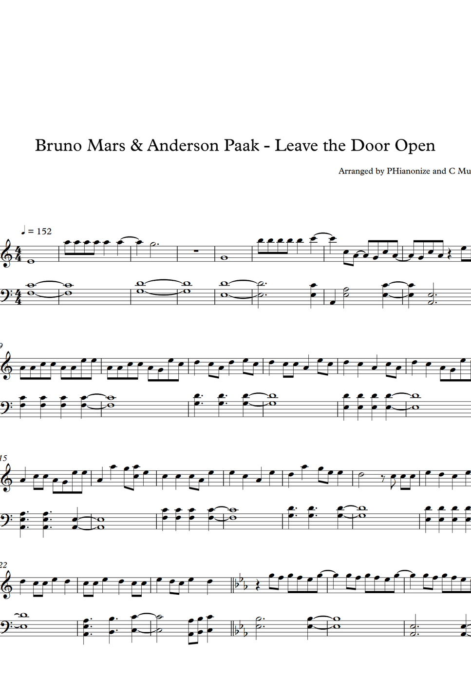 Bruno Mars & Anderson Paak - Leave the Door Open by PHianonize and C Music Sheet