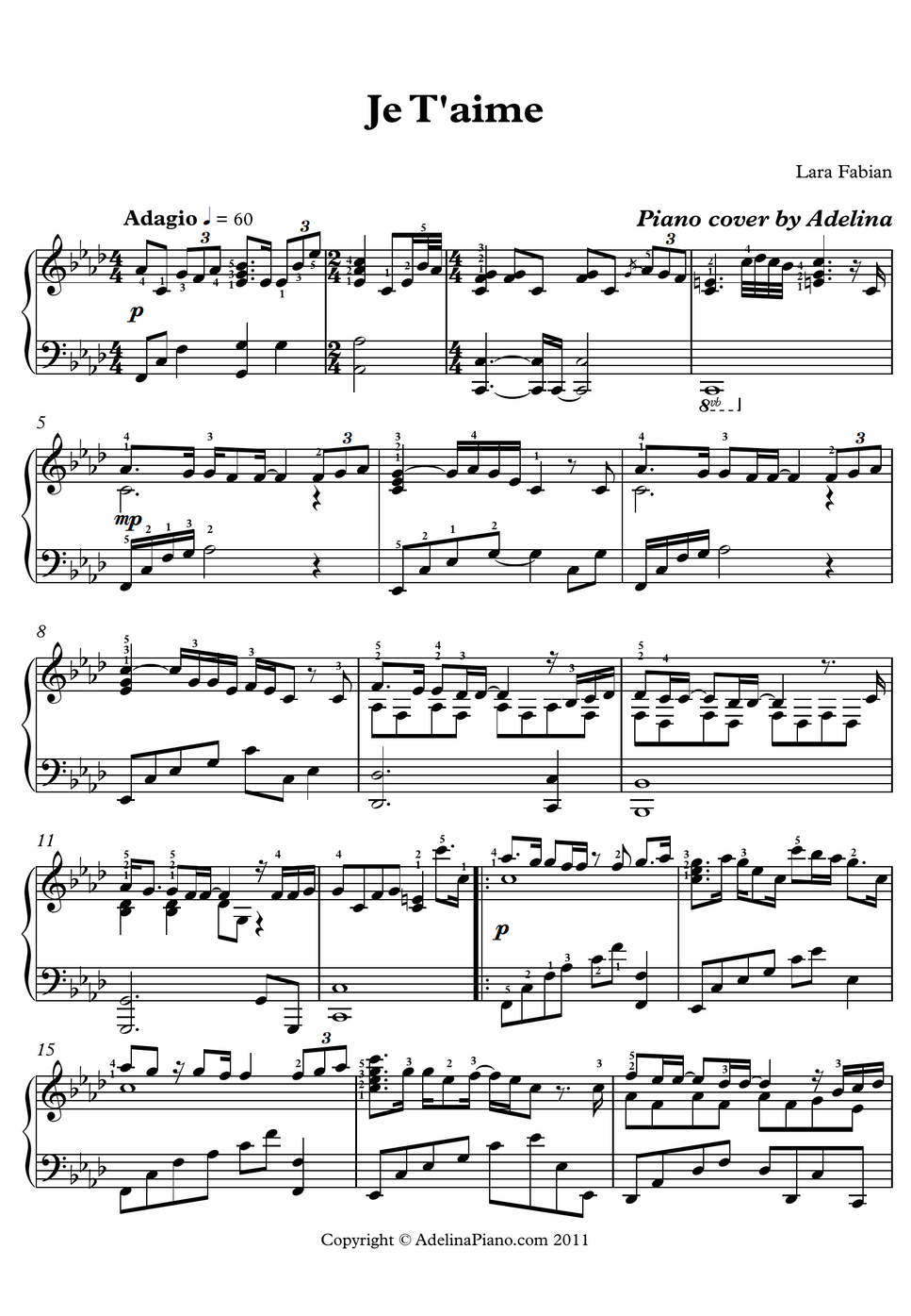 Lara Fabian - Je T'aime Partition musicale by Adelina Piano