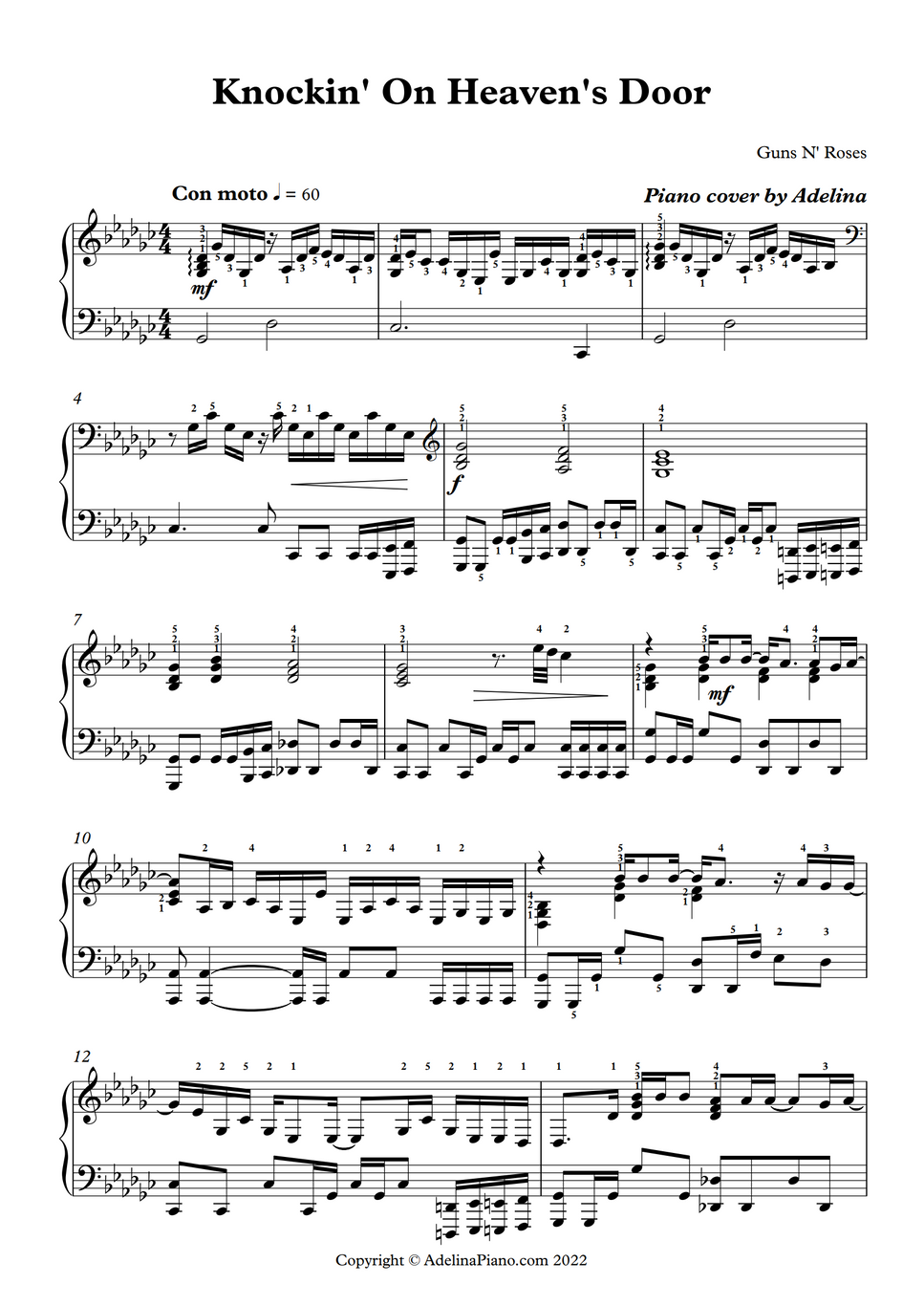 Guns N' Roses - Knockin' On Heaven's Door by Adelina Piano Sheet