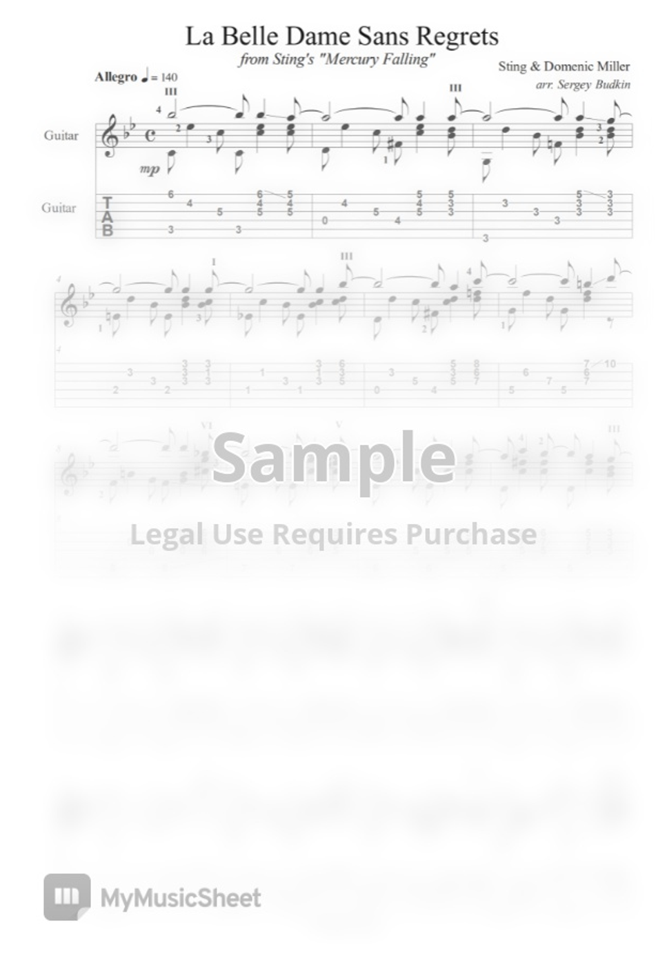 Sting - La Belle Dame Sans Regrets by Buddy_King 악보