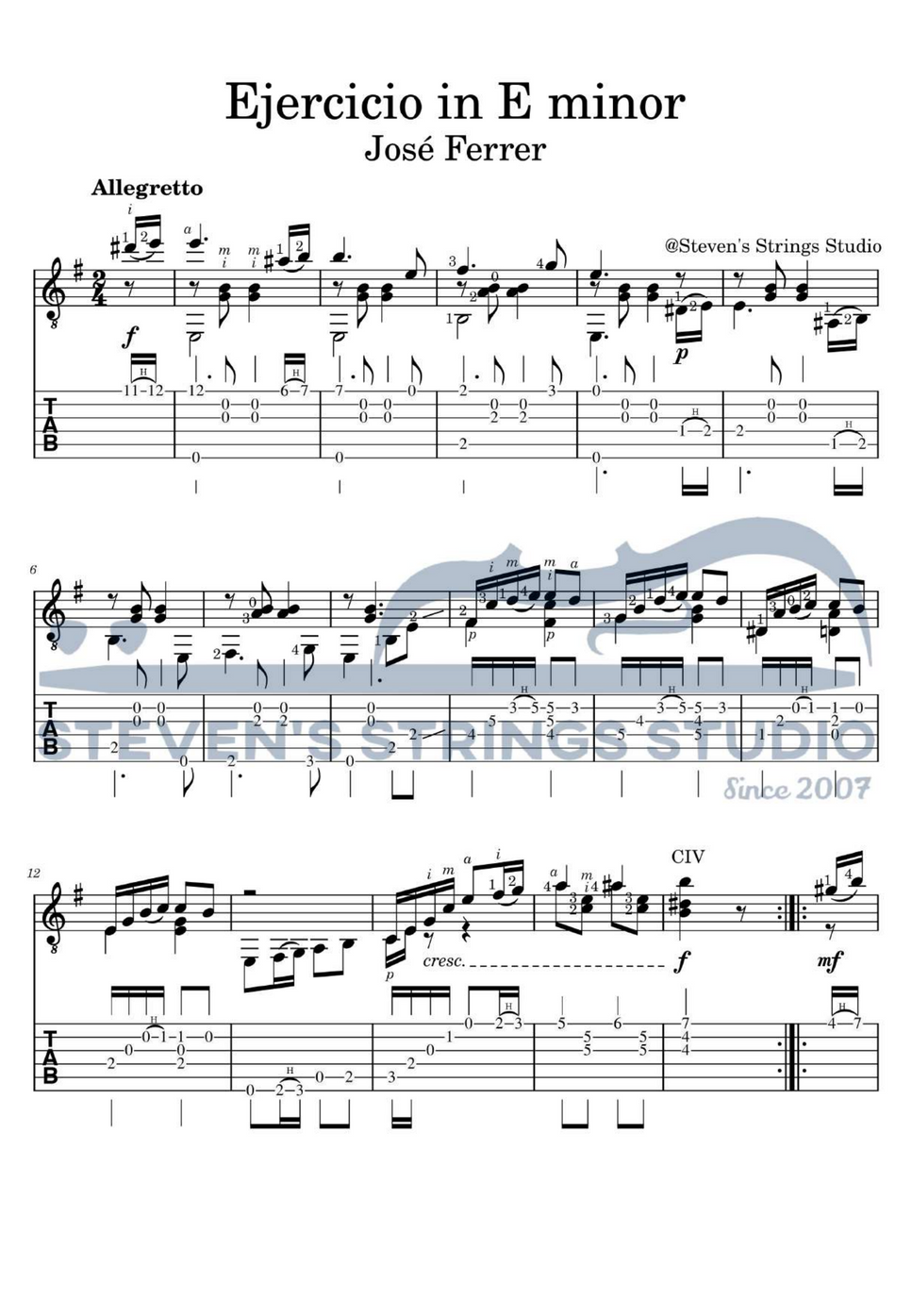 José Ferrer - Ejercicio (Classic Guitar Solo) TAB by Steven's Strings ...