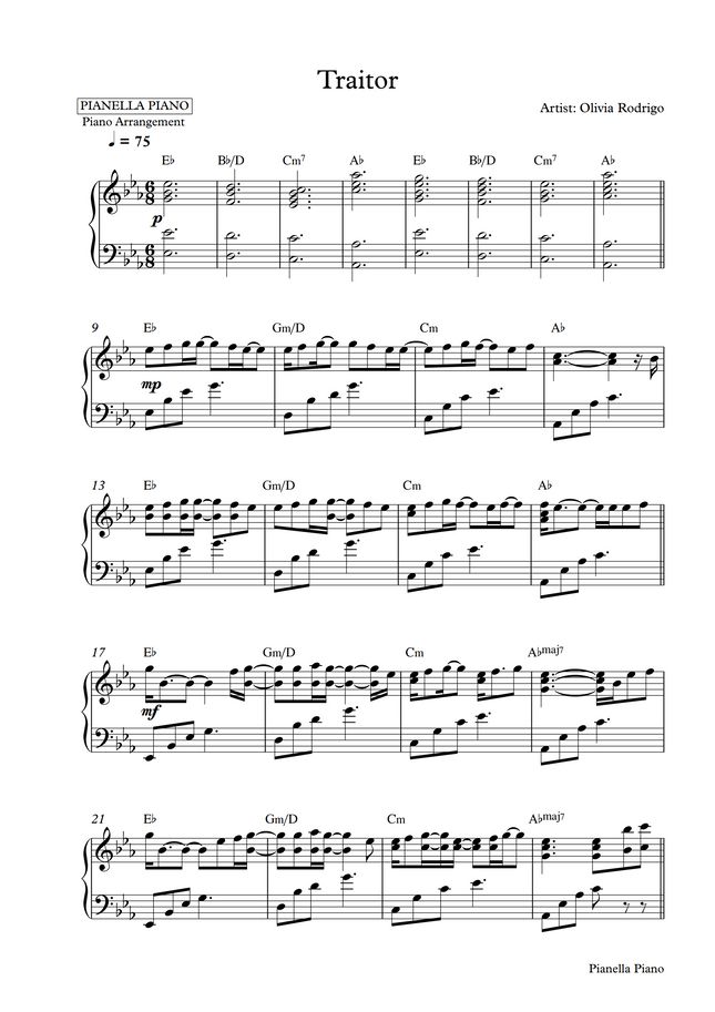 Olivia Rodrigo - traitor (Piano Sheet) by Pianella Piano Sheet Music