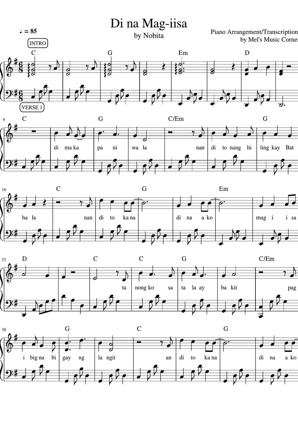 Nobita - Di Na Mag-iisa (piano sheet music) Nuty by Mel's Music Corner