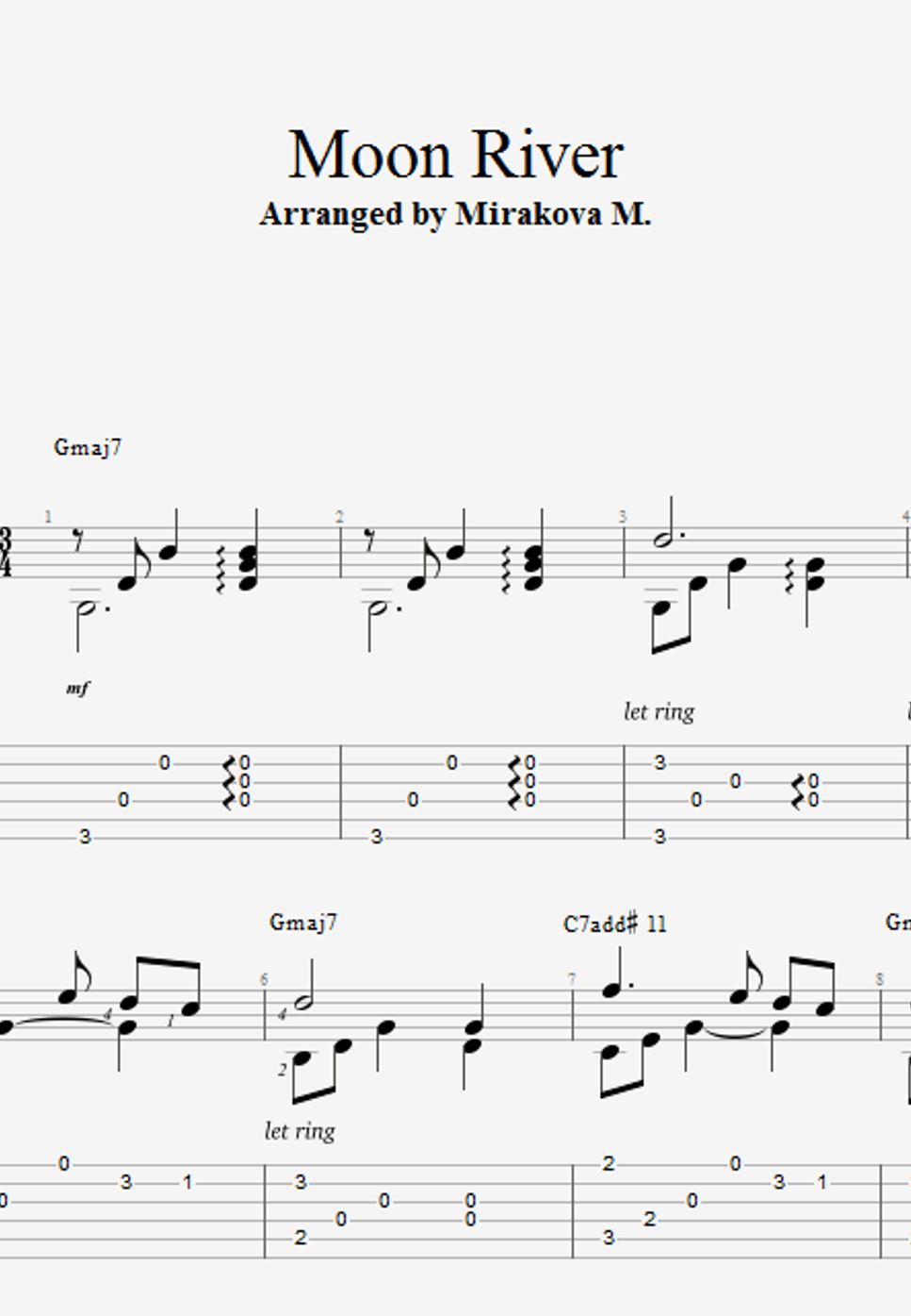 Henry Mancini - Moon River by Marina Mirakova Tab + 1staff Sheet