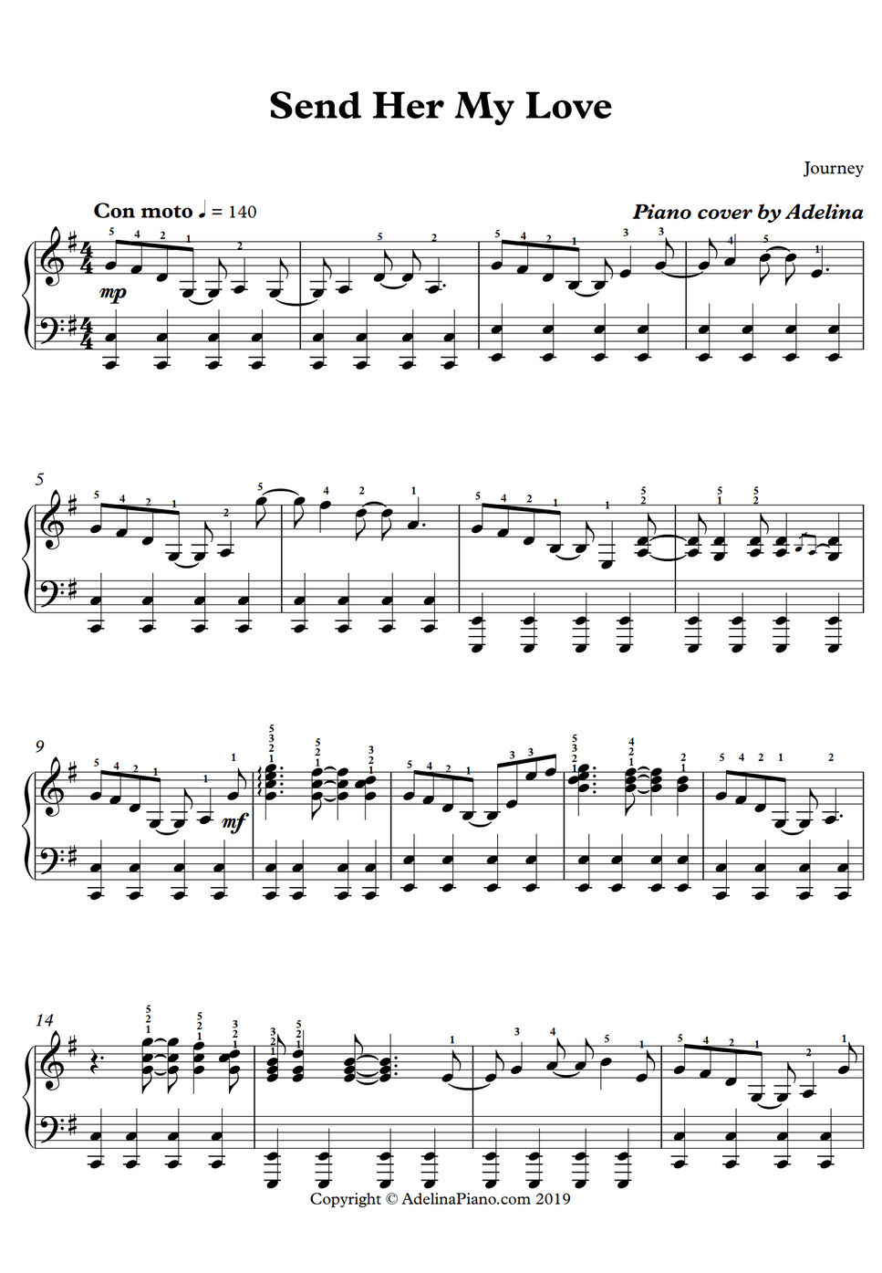 Journey Send Her My Love By Adelina Piano Sheet