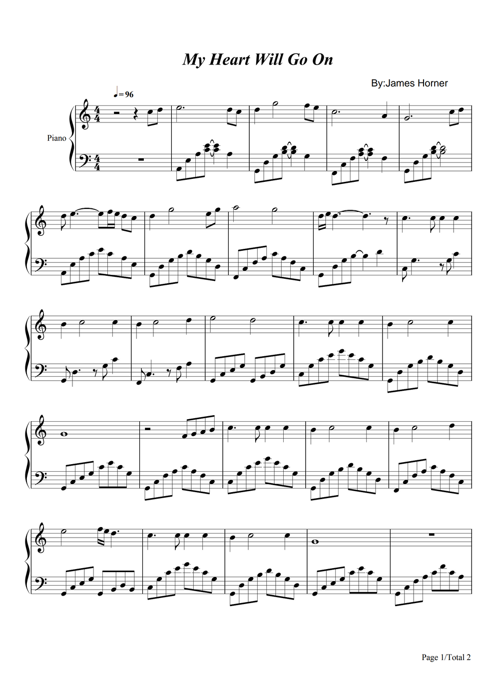 Will Jennings, James Horner - My Heart Will Go On,Piano Solo Sheet (我心永恒，钢琴独奏谱，My Heart Will Go ...