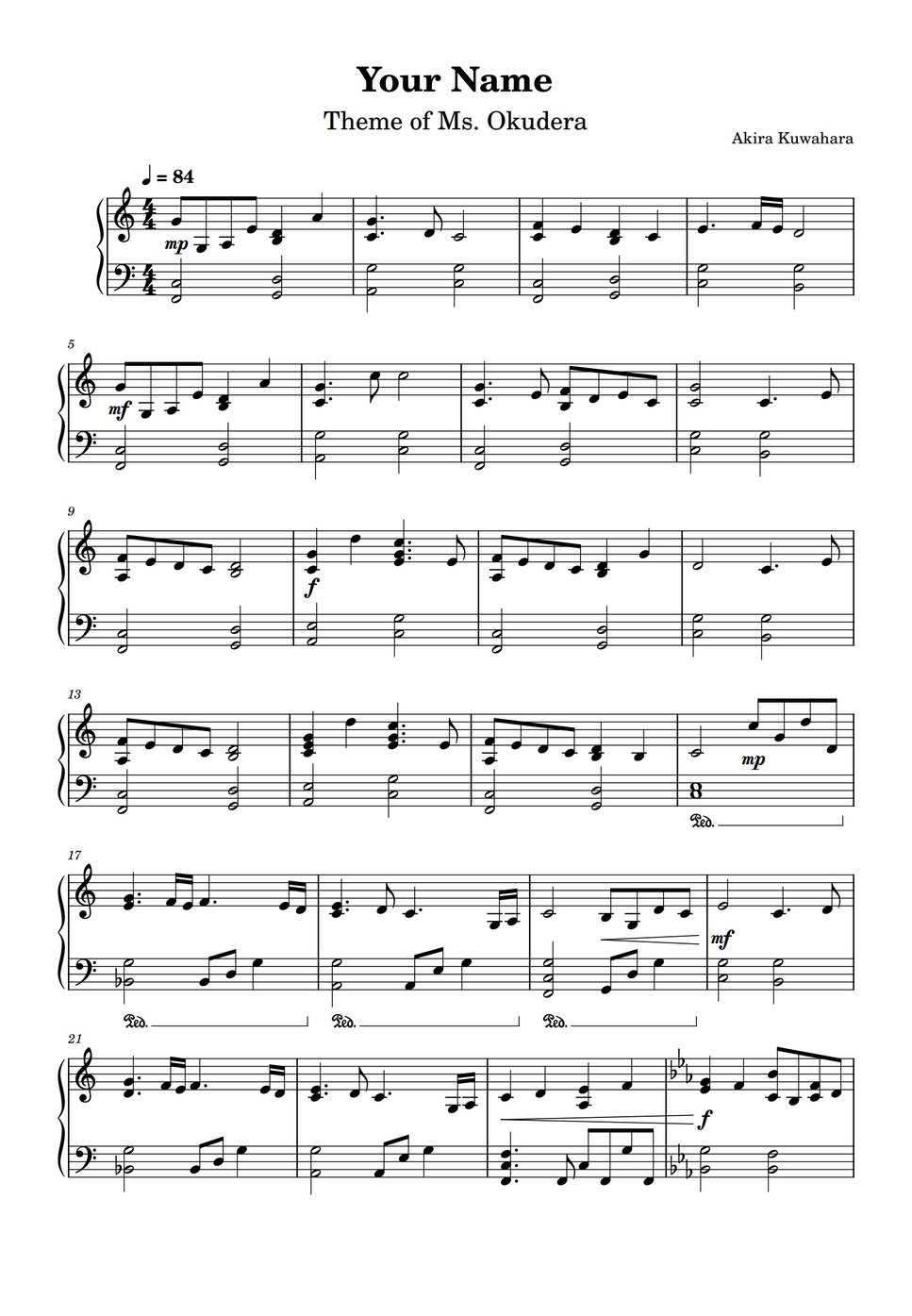 Akira Kuwahara - Your Name "Theme of Ms. Okudera" (Anime Song) Sheet by ...