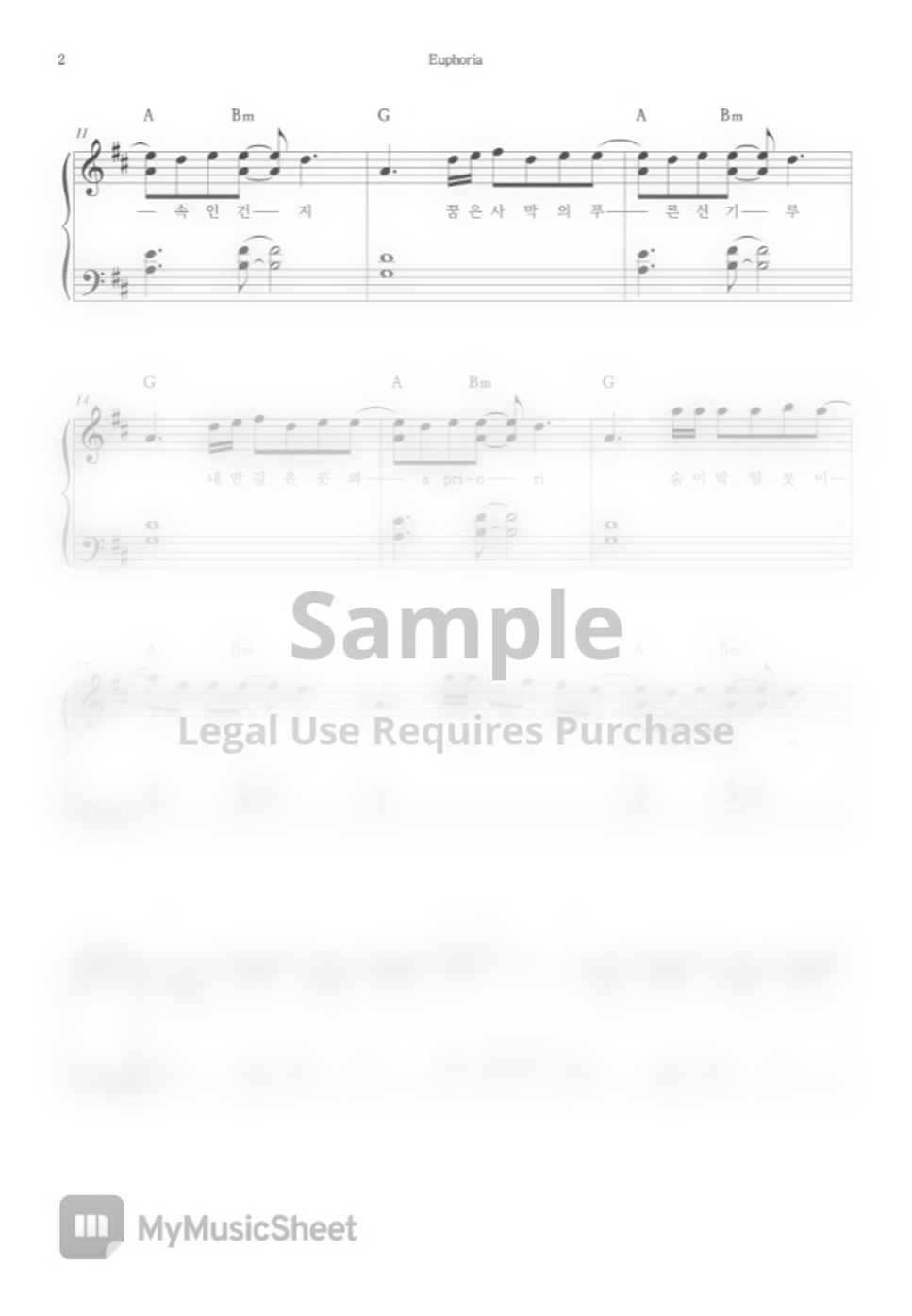 Bts Euphoria Piano Sheet Music Partitura