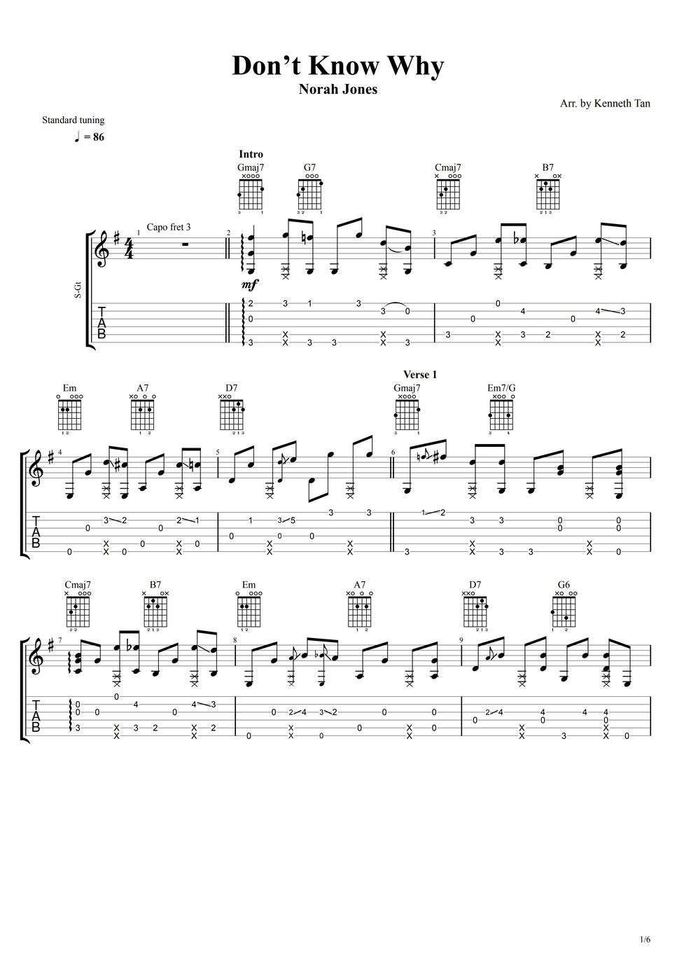 Norah Jones | Fingerstyle Guitar - Don't Know Why by Kenneth Acoustic نوتة