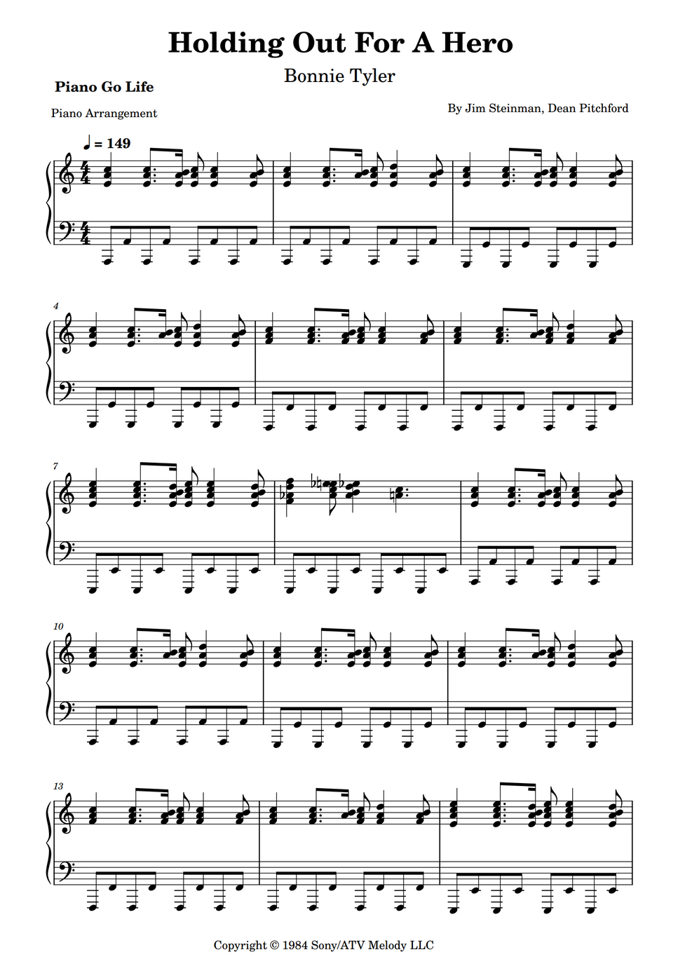 Bonnie Tyler Holding Out For A Hero By Piano Go Life Sheet