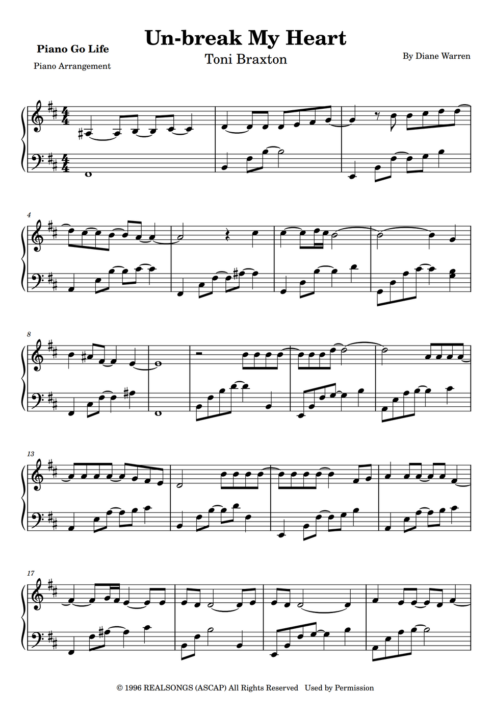 Toni Braxton - Un-break My Heart by Piano Go Life Sheet