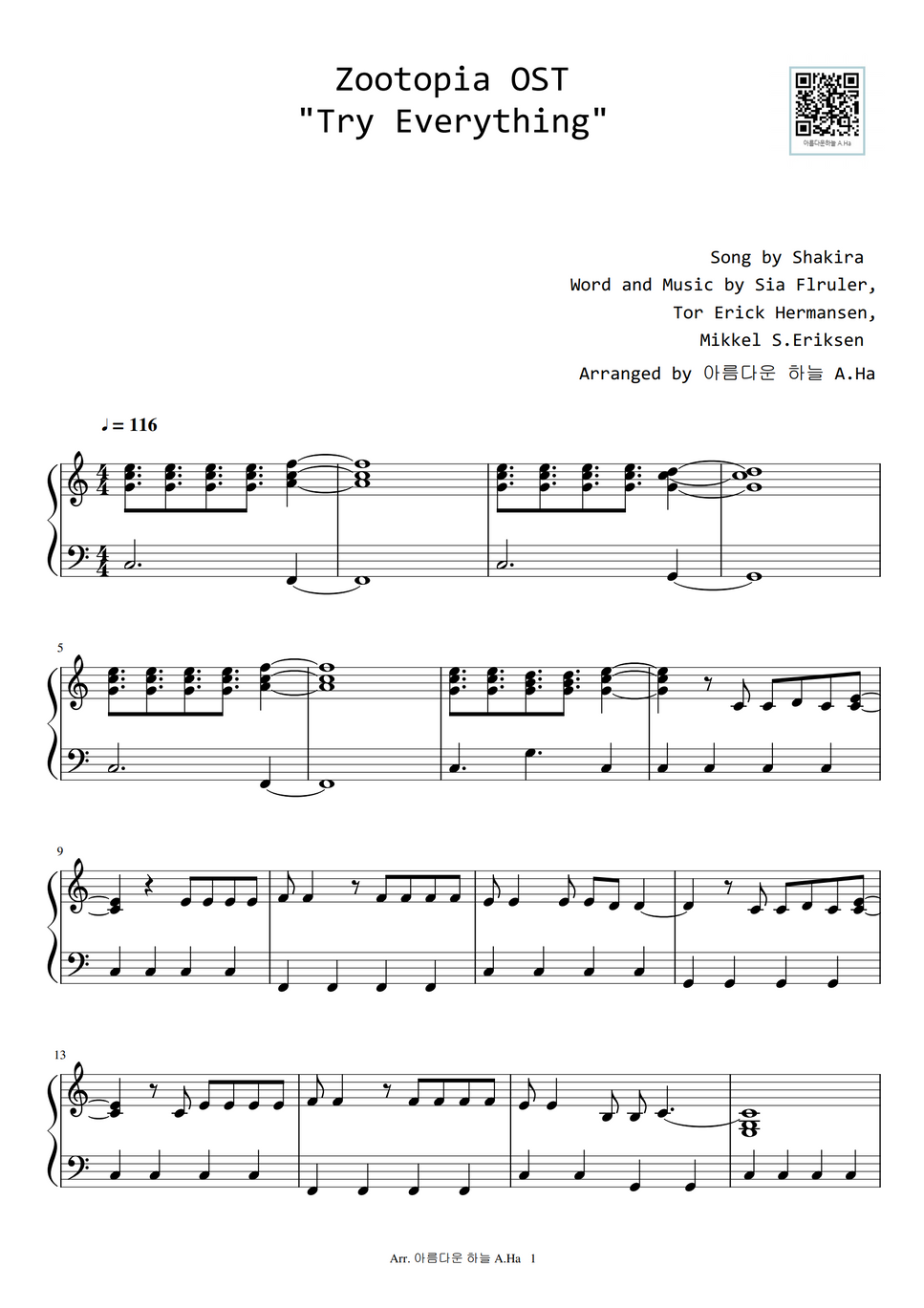 Zootopia OST / "Try Everything" / Level 2 - C Key楽譜