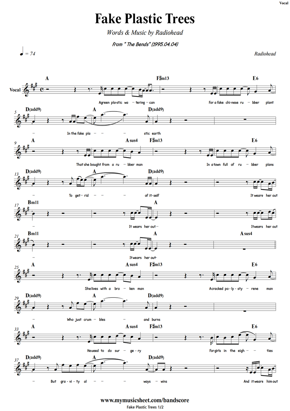 Radiohead - Fake Plastic Trees | Vocal Sheet