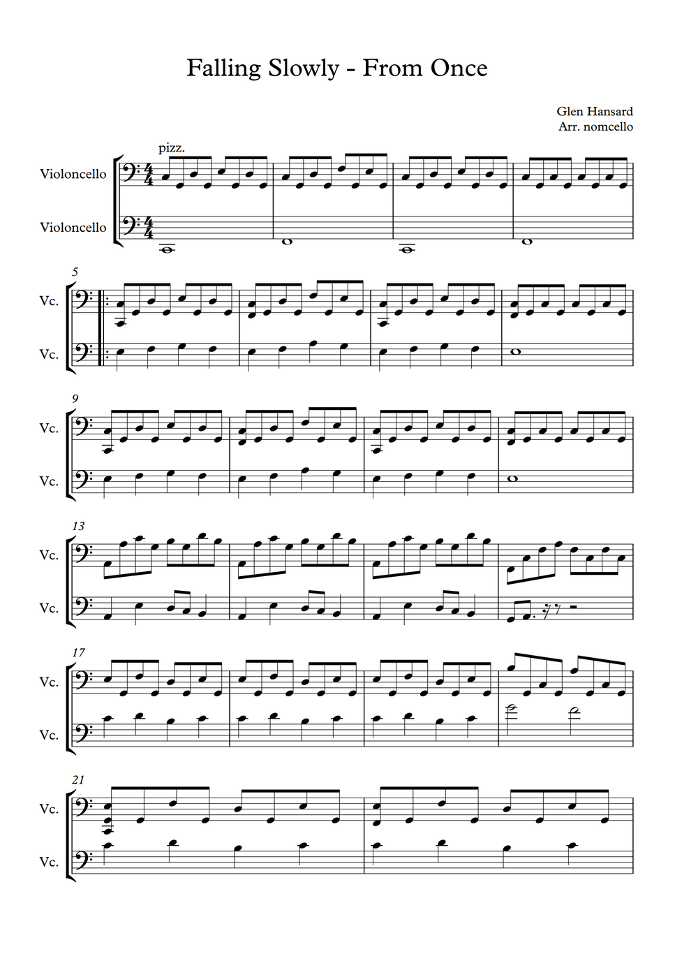 Glen Hansard - Falling Slowly (2 Cellos EASY) by nomcello楽譜