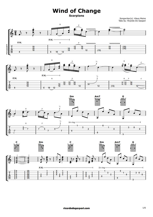 Scorpions - Wind of Change (for one guitar) by Ricardo De Gaspari Sheet Music