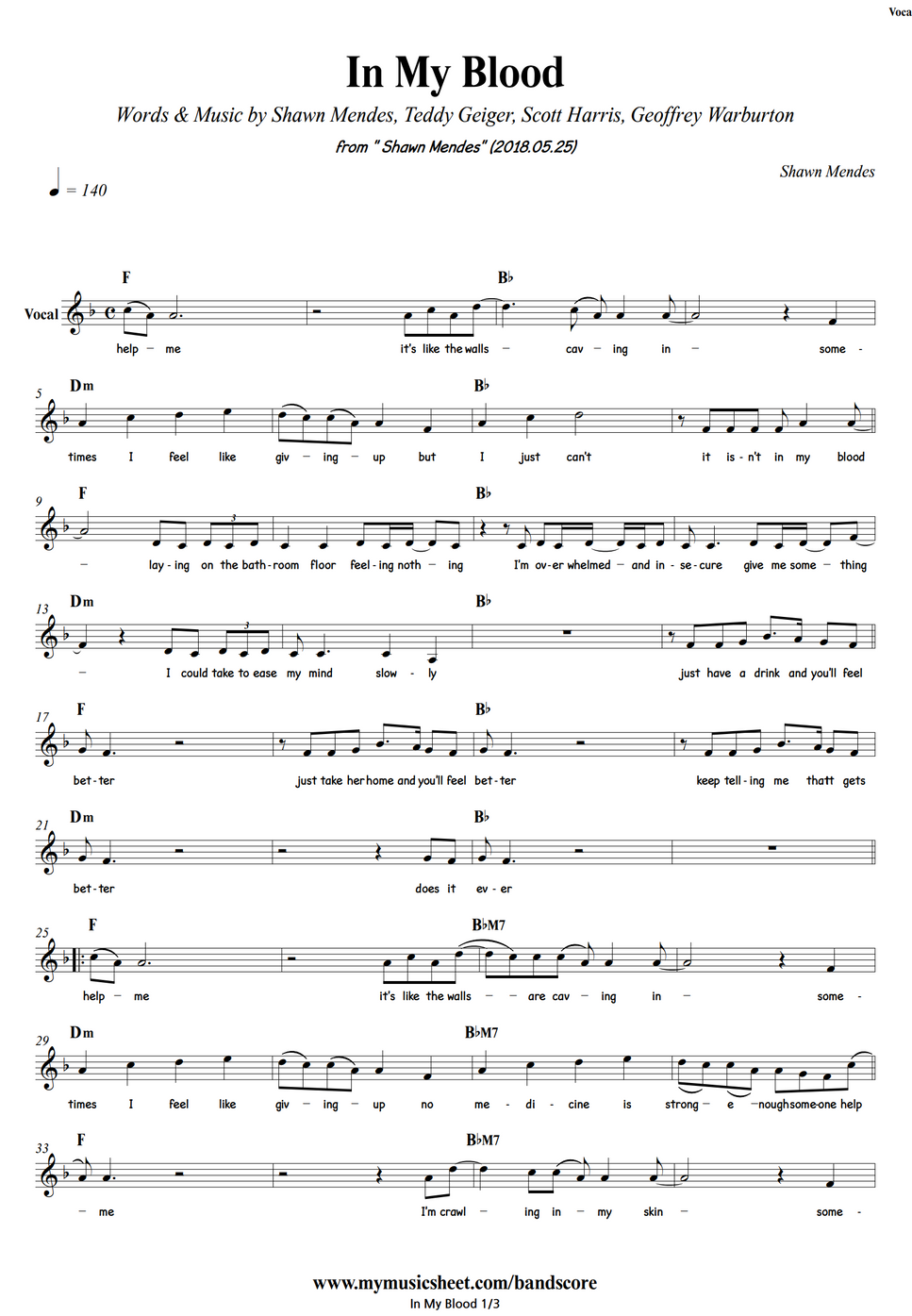 In My Blood - Shawn Mendes | Vocal 보컬 曲谱