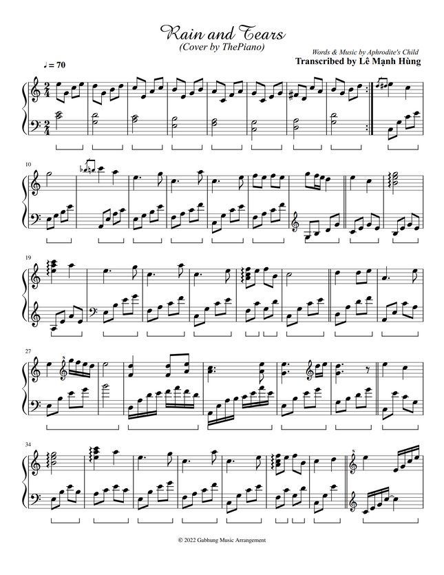 Cover by ThePiano - Rain and Tears (Transcribed) by Le Manh Hung Sheet