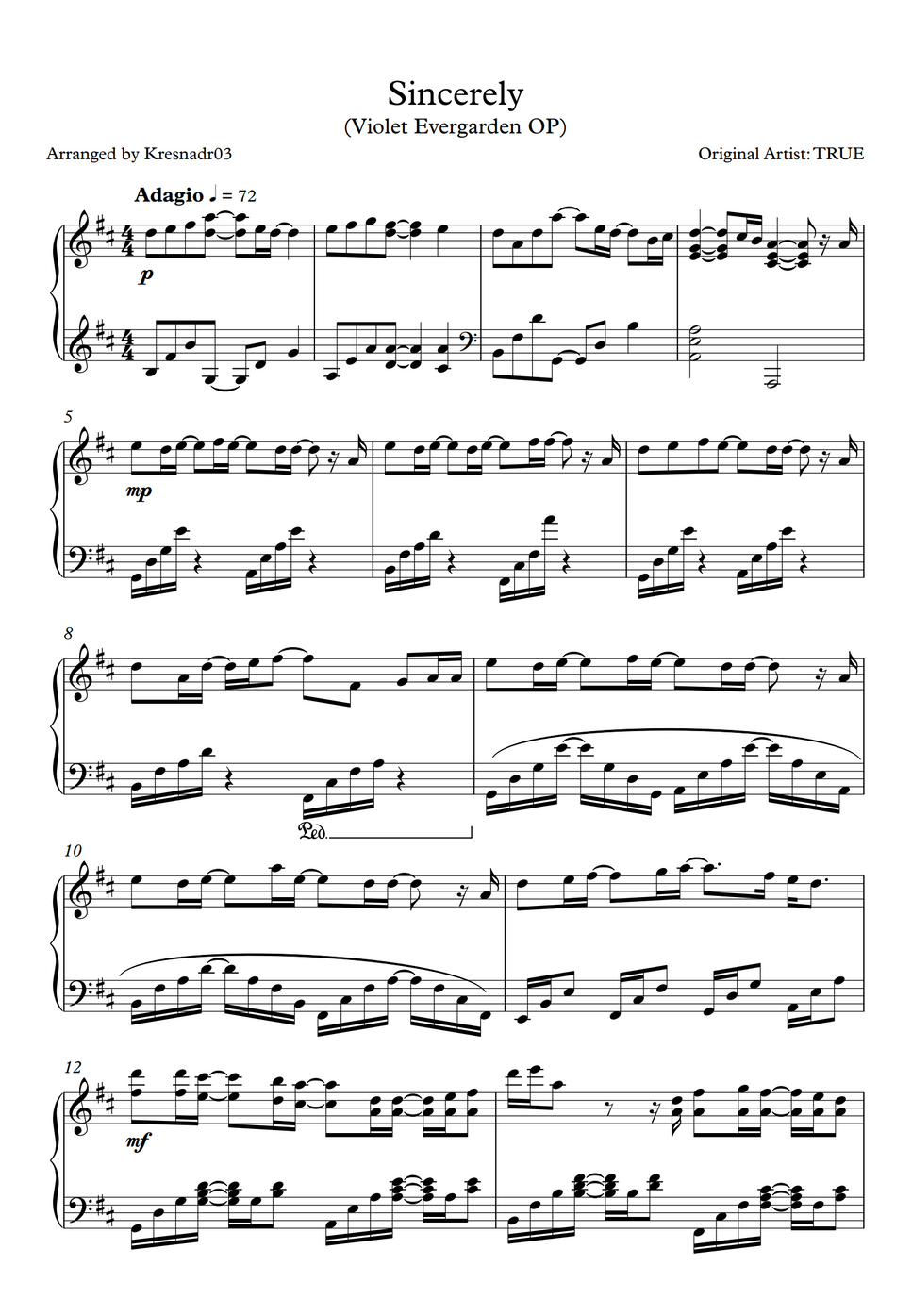TRUE - Sincerely by Kresnadr03 Partitura