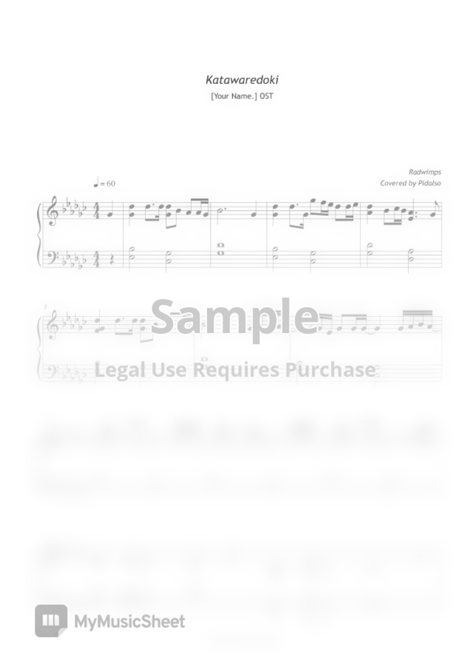 Radwimps - Katawaredoki (Your Name. OST) by 피달소(Pidalso) Sheet