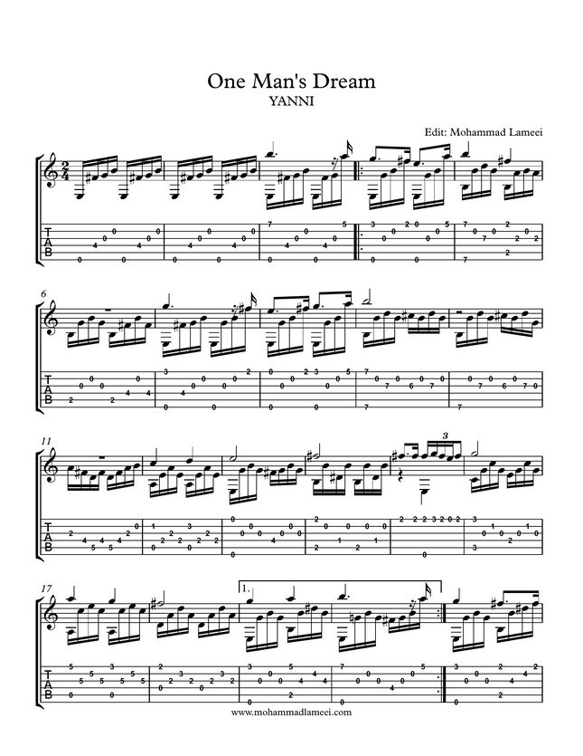 Yanni - One man's Dream by Mohammad Lameei tab Sheet Music