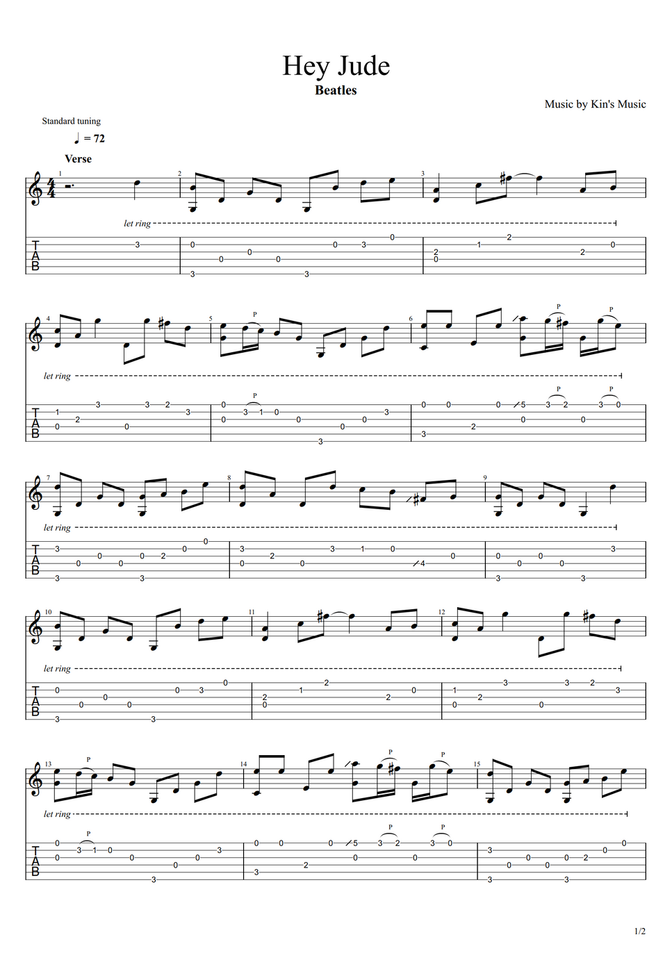 Beatles - Hey Jude[Easy Guitar Fingerstyle For Beginner] by Kin's Music ...