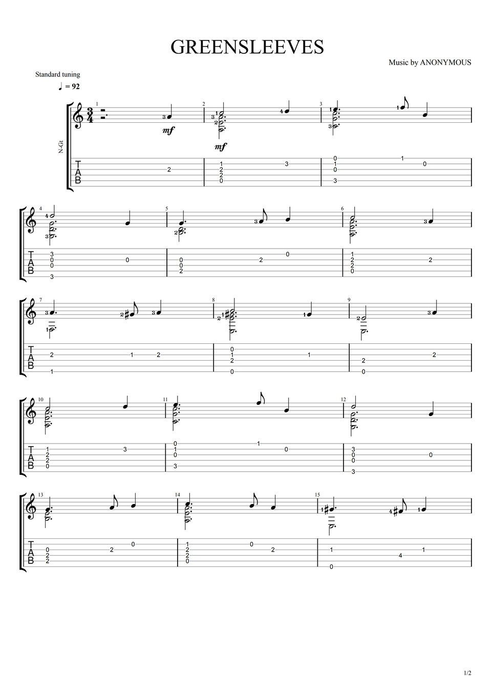 ANONYMOUS - GREENSLEEVES by KK Tab + Partition à une seule portée Partition musicale