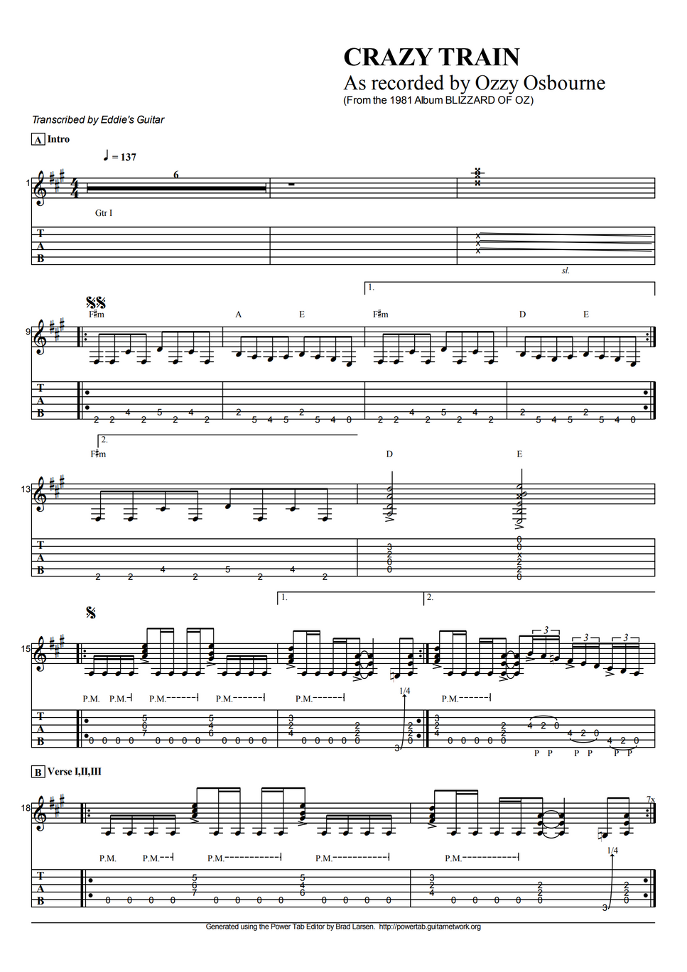 Ozzy Osbourne - Crazy Train Partition musicale