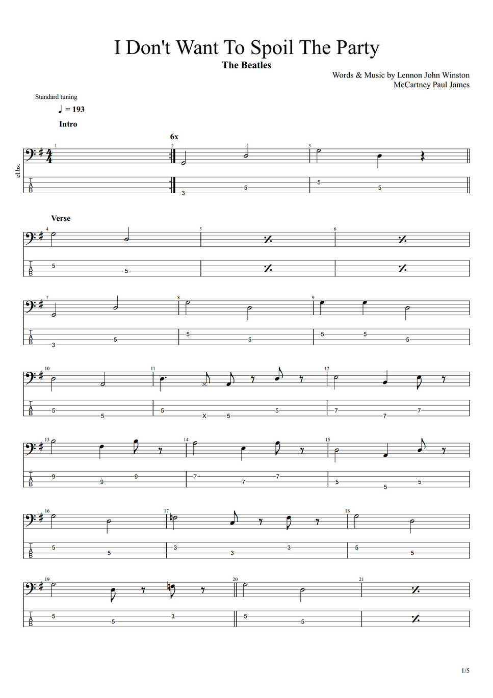 ビートルズ - I Don't Want To Spoil The Party by まっきん タブ + 五線譜 楽譜