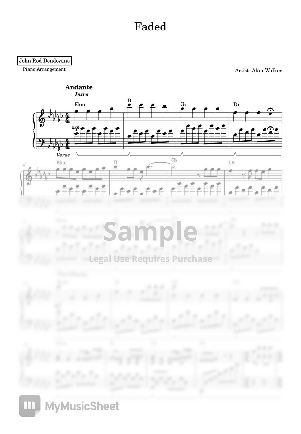 Alan Walker - Faded (PIANO SHEET) 악보 by John Rod Dondoyano