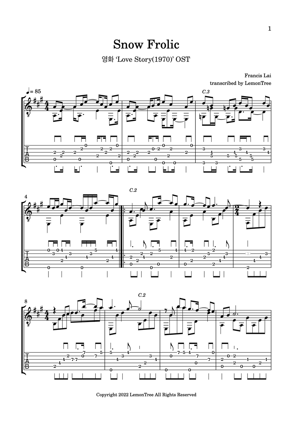 Francis Lai - Snow Frolic (A Key) Tab + 1staff by 레몬트리