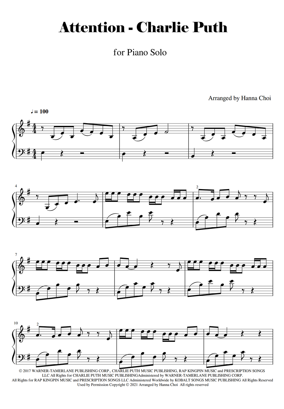 Charlie Puth찰리푸스 - "Attention "- 피아노 솔로 (for Piano Solo) Bản nhạc