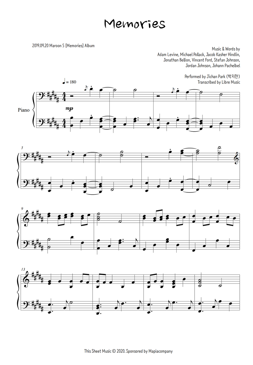 Maroon 5 - Memories (easy ver) Partition musicale by JichanPark