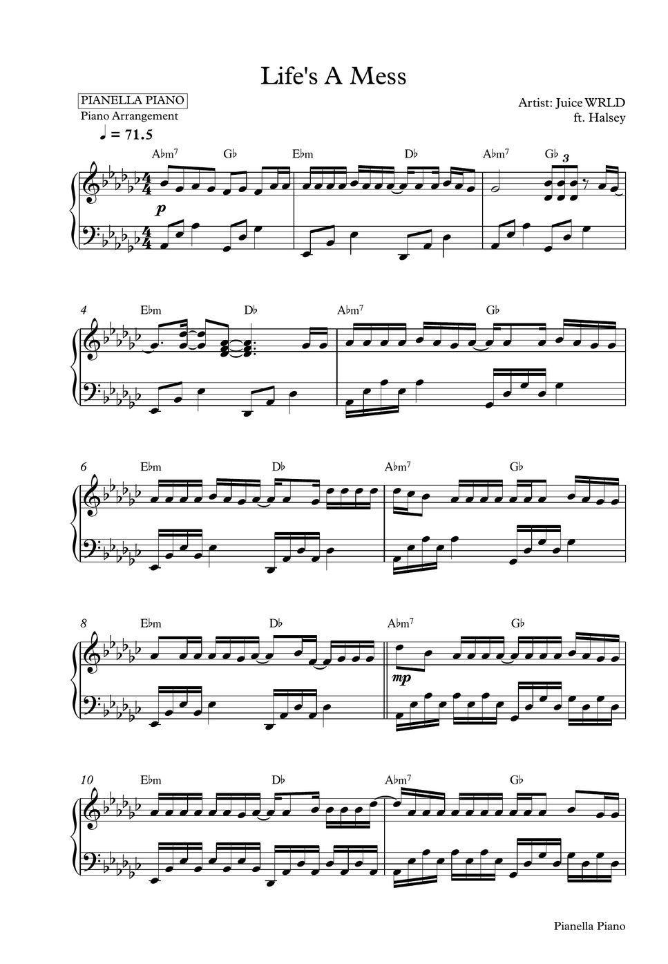 Juice Wrld Ft Halsey Lifes A Mess Piano Sheet Blad By Pianella Piano